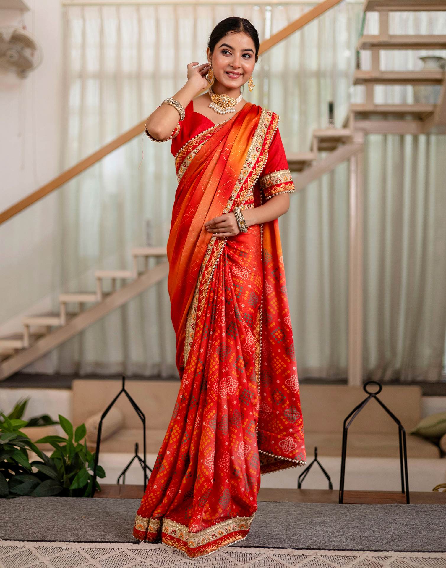 Red Silk Printed Bandhani Saree – Sudathi