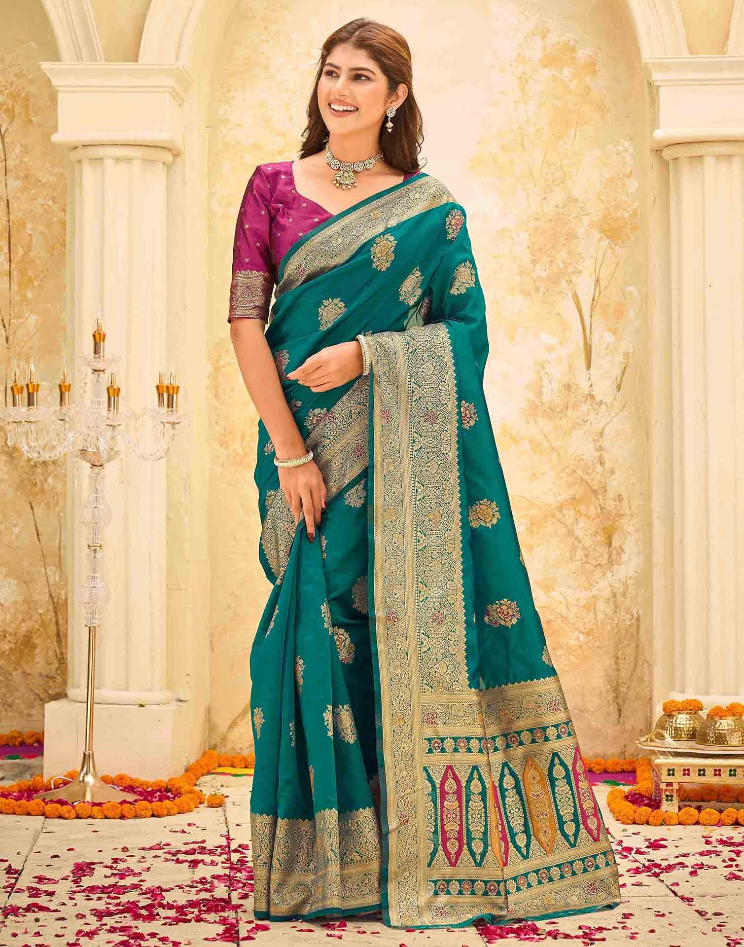 Teal Green Silk Woven Banarasi Saree – Sudathi