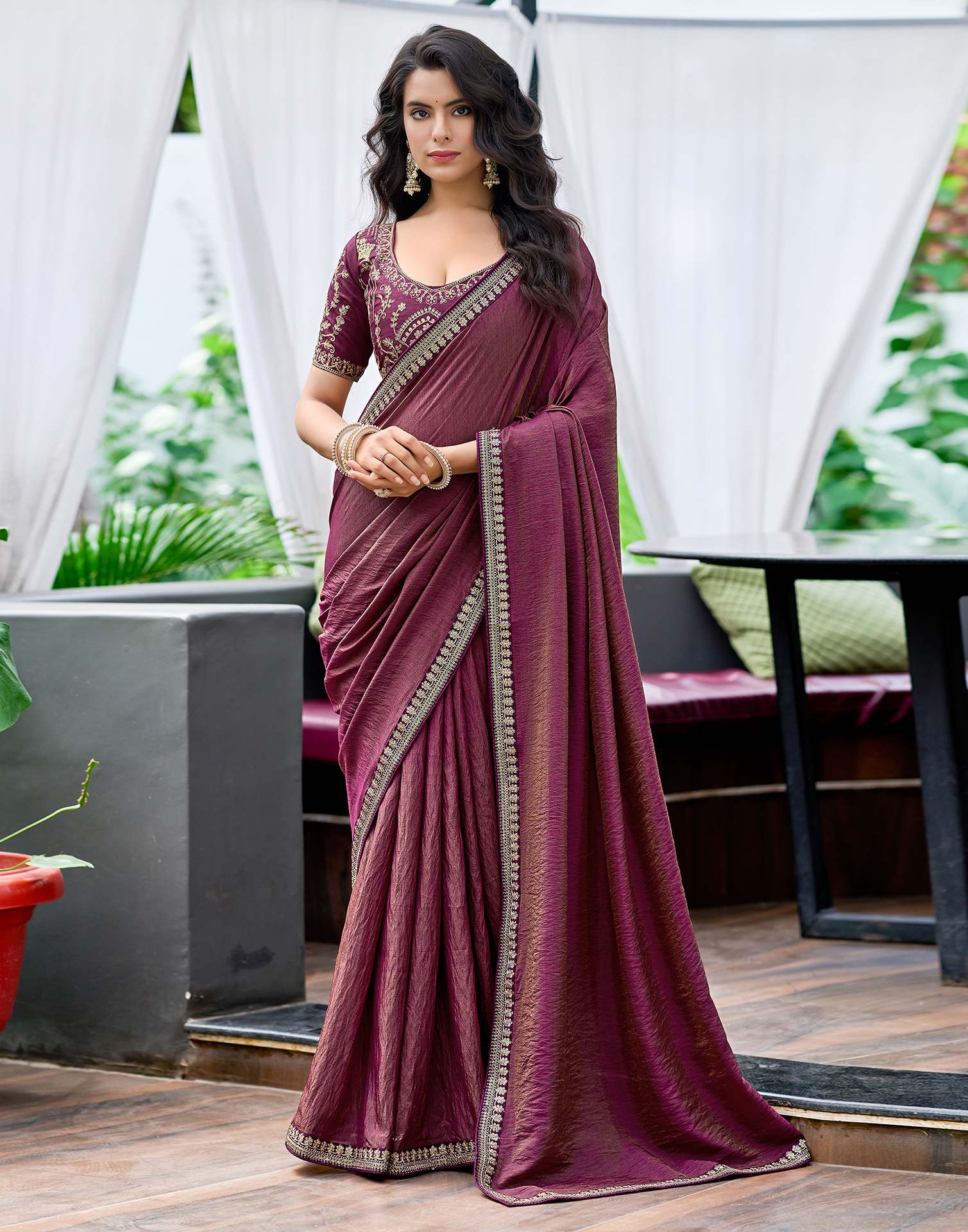 Wine Silk Sequence Lace Saree – Sudathi