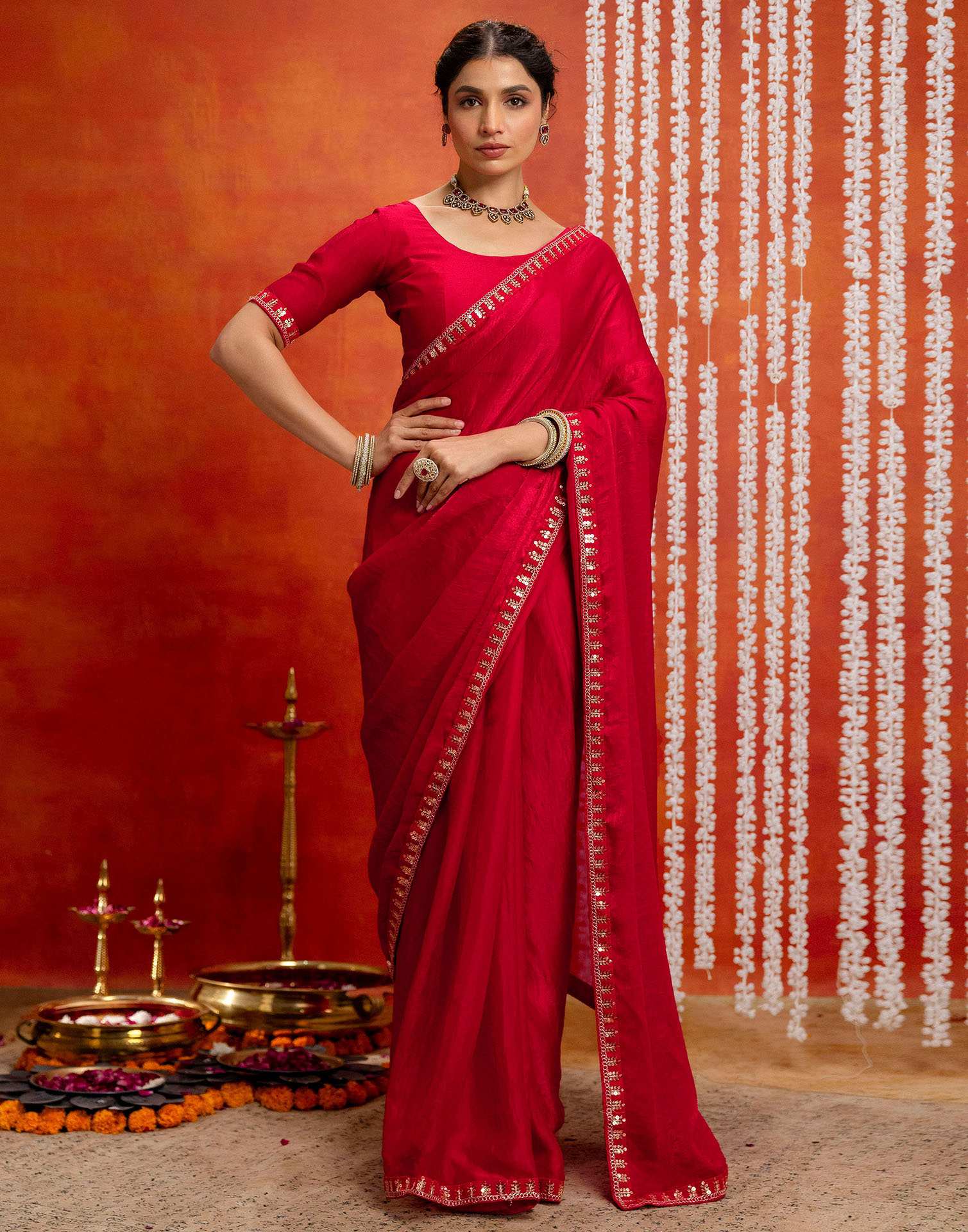 Red Shimmer Sequence Lace Saree – Sudathi