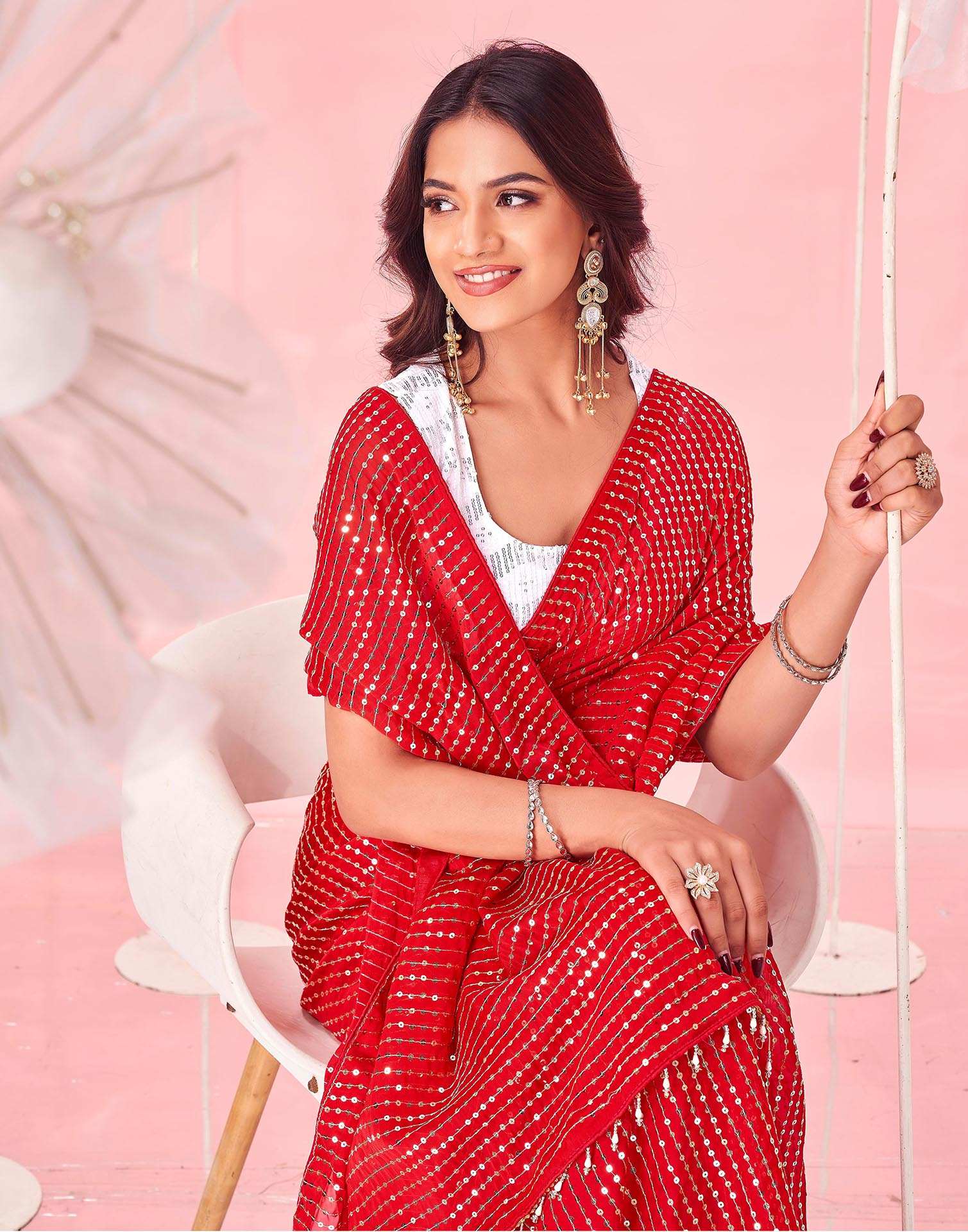 Red Valentine's Georgette Sequence Embroidery Saree – Sudathi